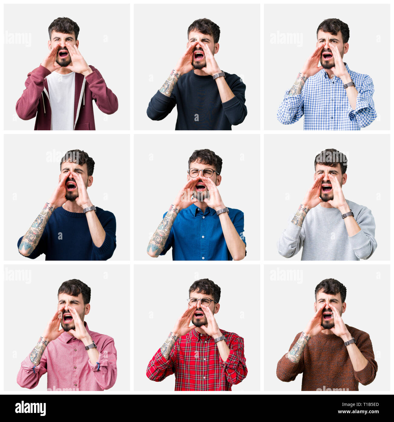 Collage of young man over isolated background Shouting angry out loud ...