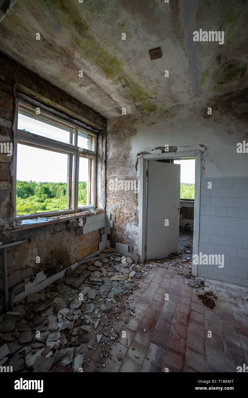 interrior of old military building in latvia. abandoned living space ...