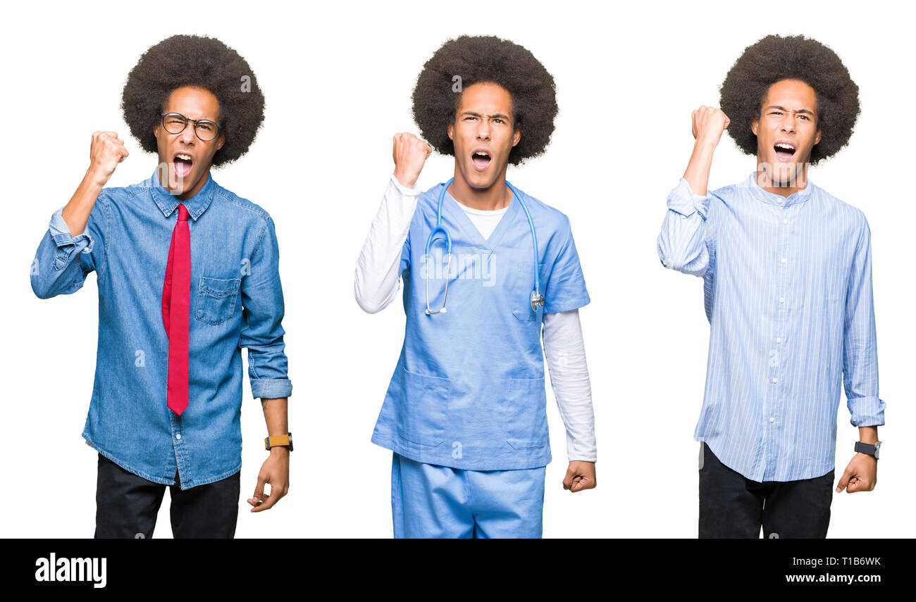 Collage of young man with afro hair over white isolated background ...