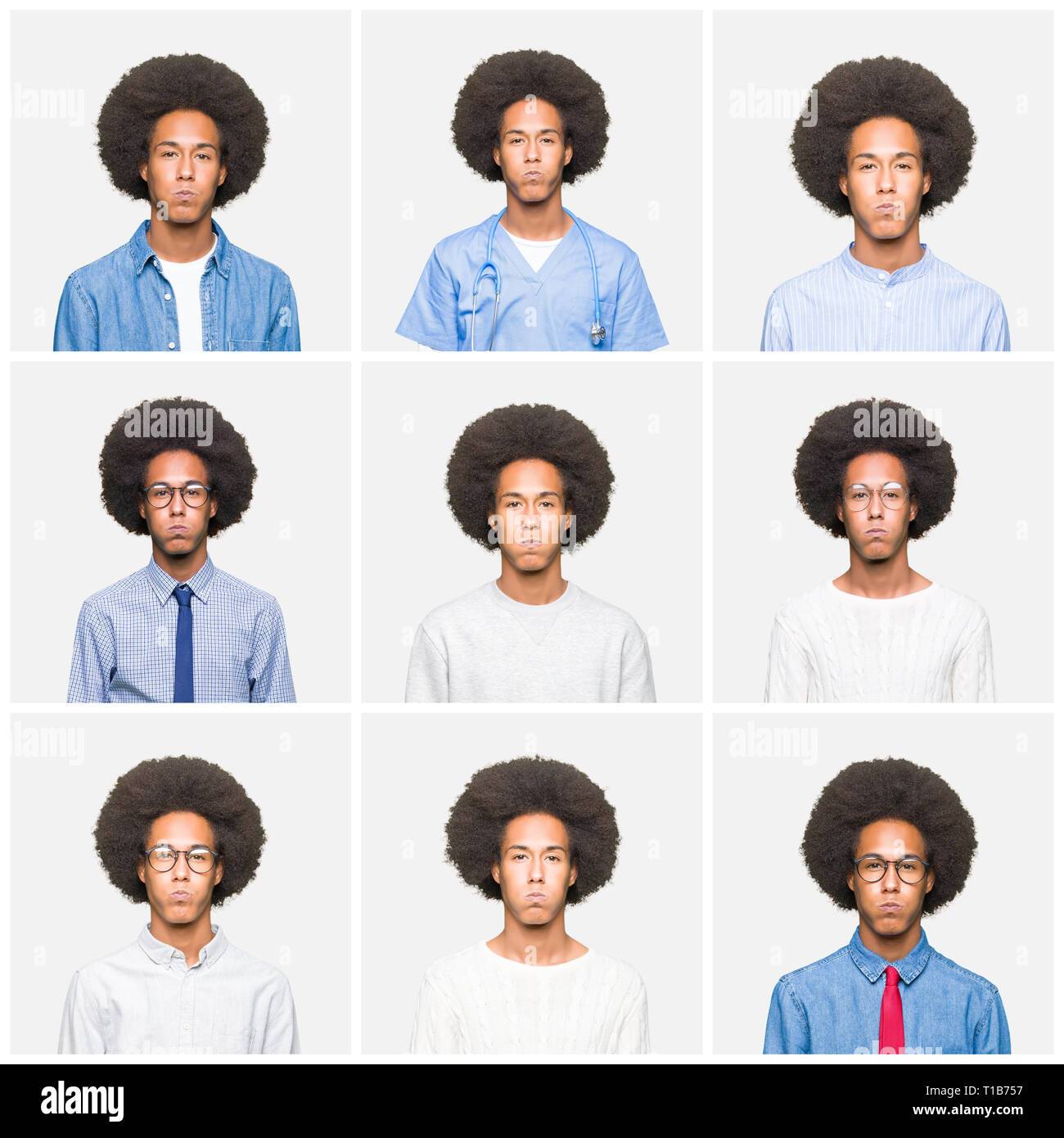 Collage of young man with afro hair over white isolated background ...