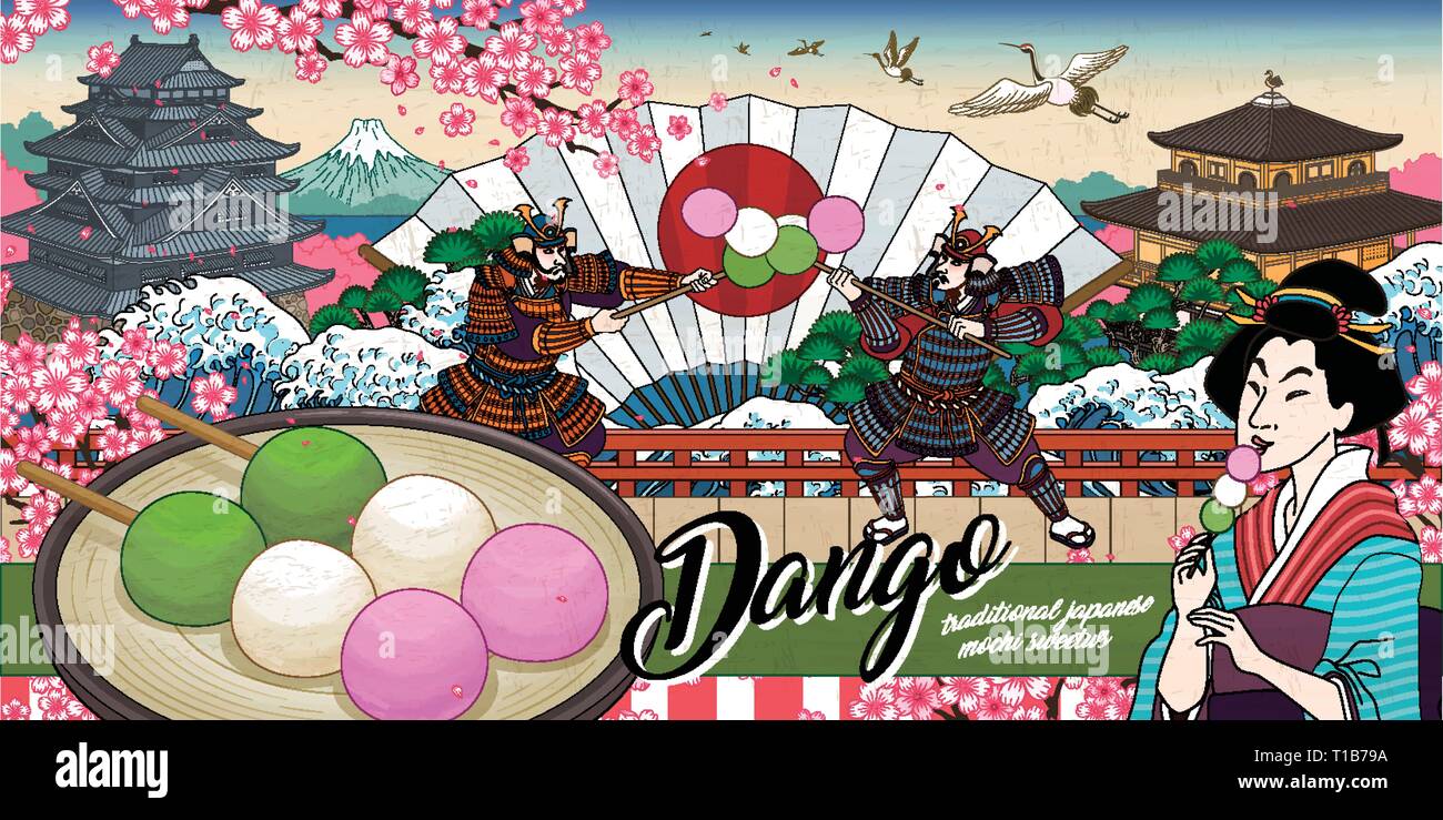 Japanese dango ads with ukiyo-e style character and street scene Stock ...