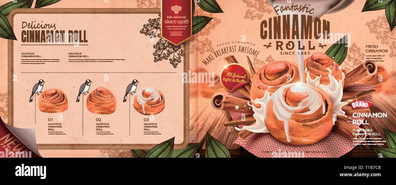 Delicious cinnamon rolls menu with pouring milk in 3d illustration ...