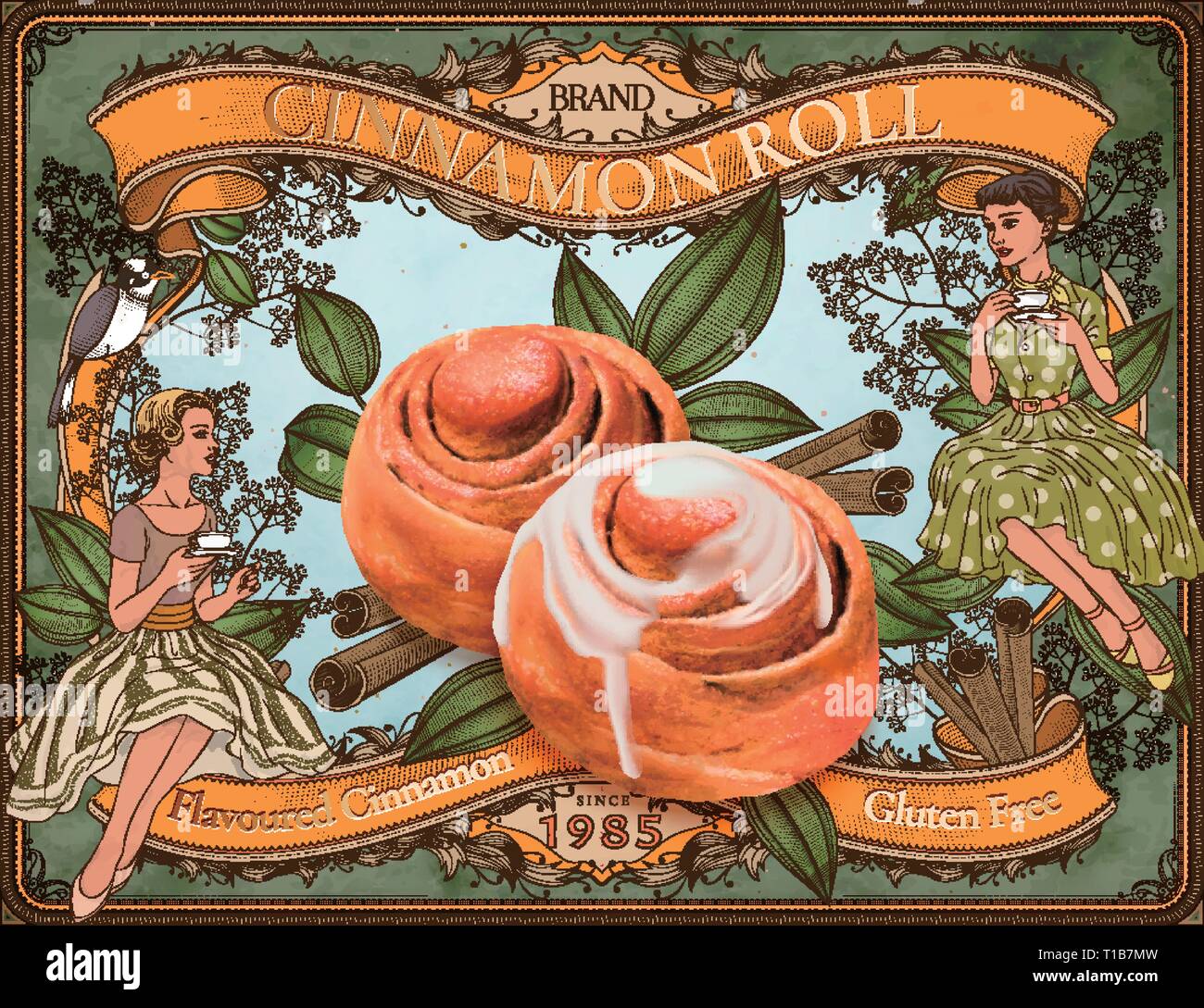 Cinnamon roll and rou gui herbs on women having afternoon tea in garden ...