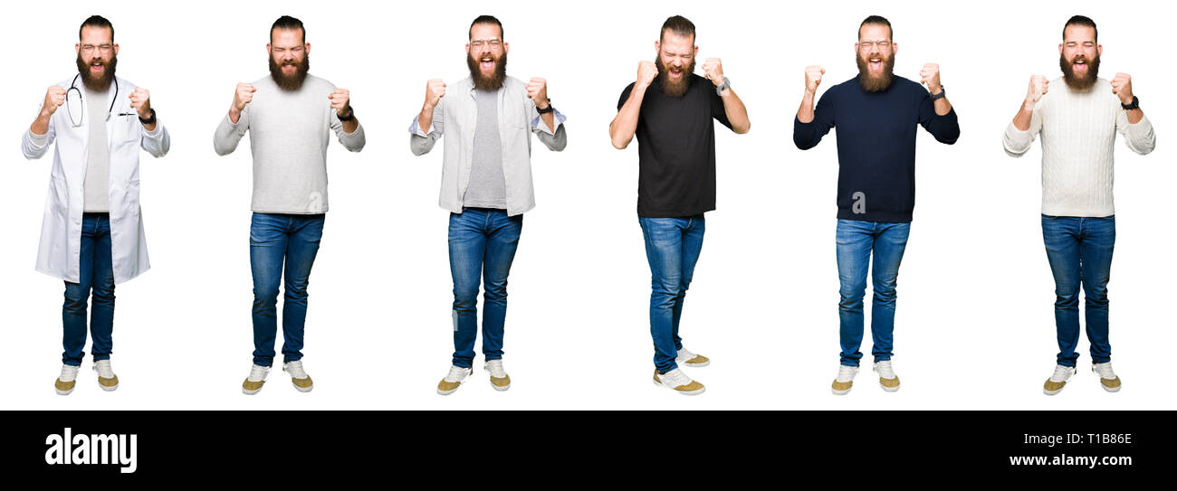 Collage of young man with bun over white isolated background excited ...