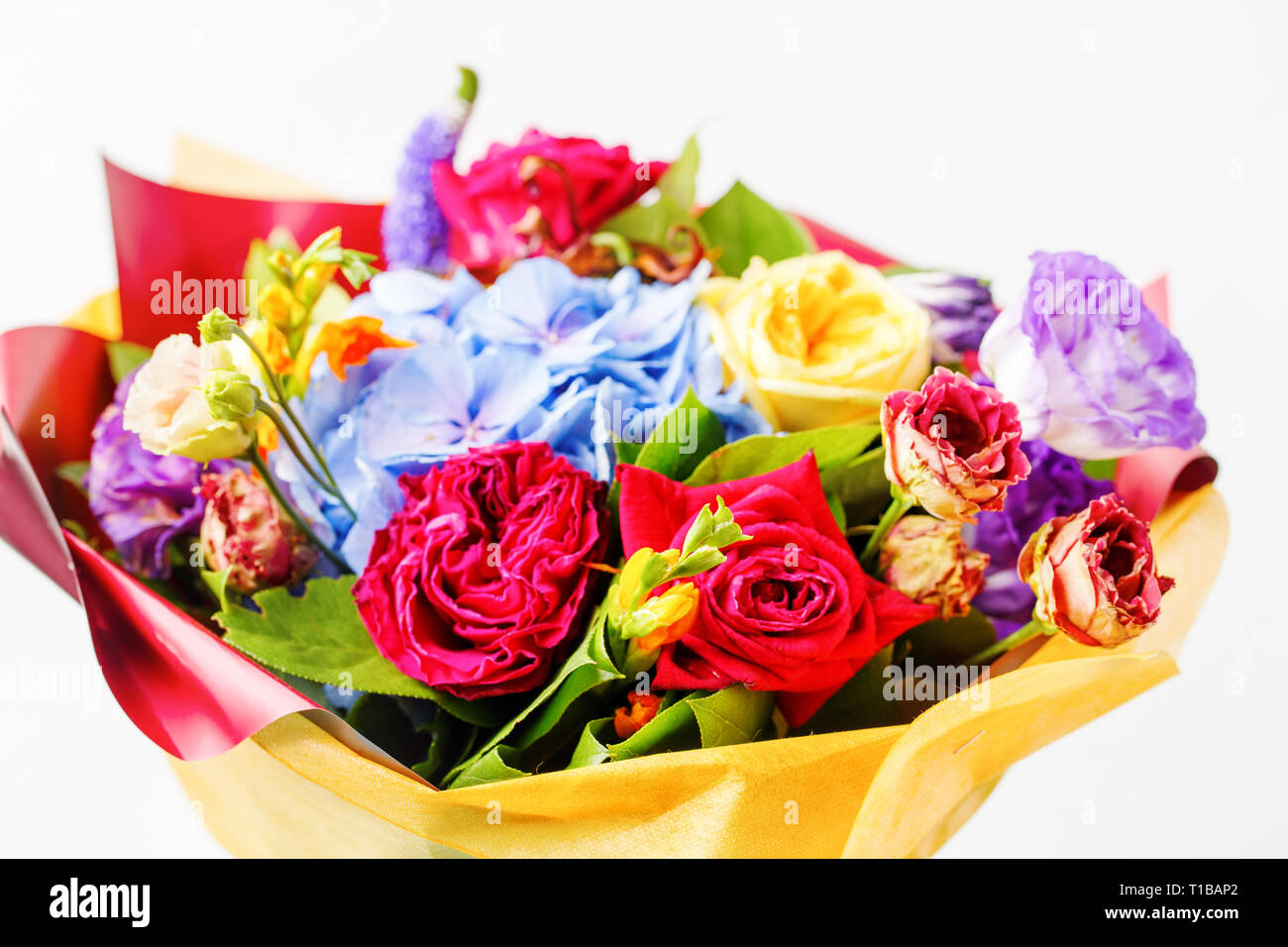 Bouquet of multicolored roses on empty background Stock Photo - Alamy