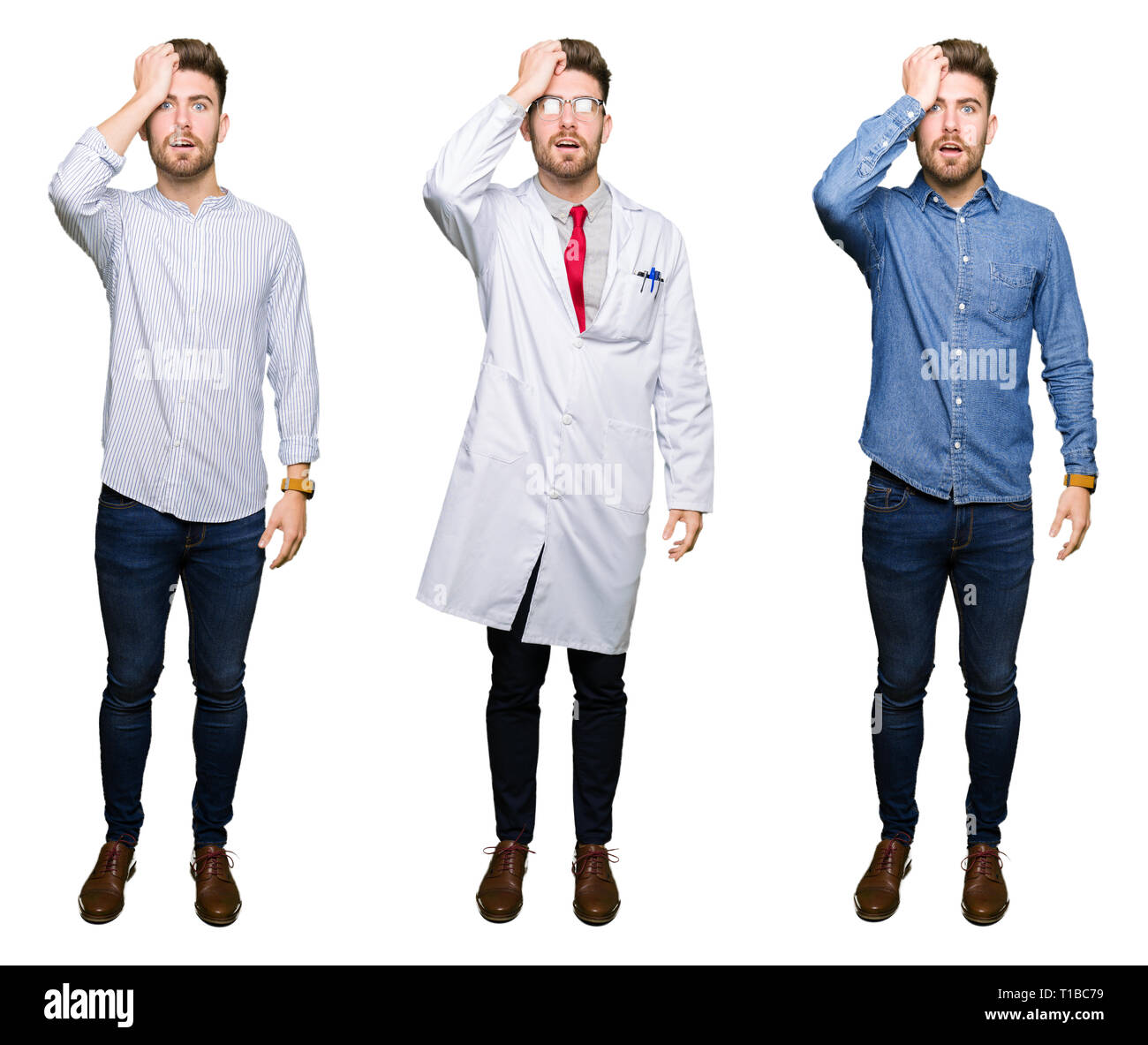 Collage of handsome young professional man over white isolated ...