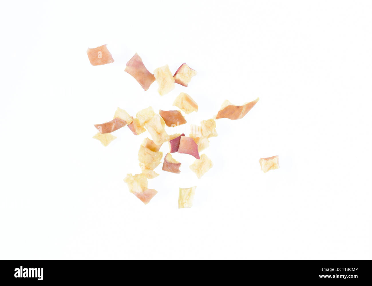 Close up photo image of cube sliced dry red apple isolated on white ...