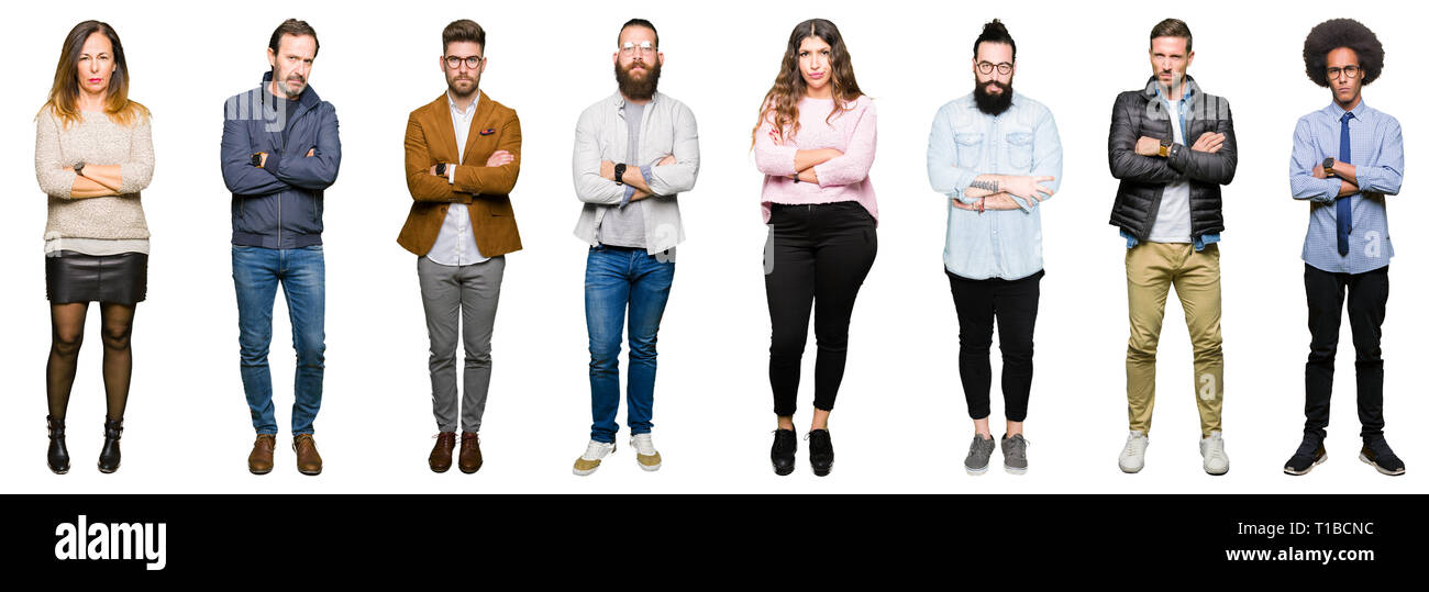 Collage of people over white isolated background skeptic and nervous ...