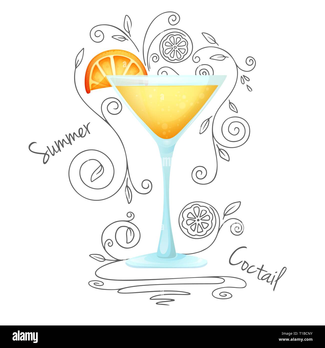 Realistic Cocktail On A White Background With A Doodle Pattern Vector Illustration Stock