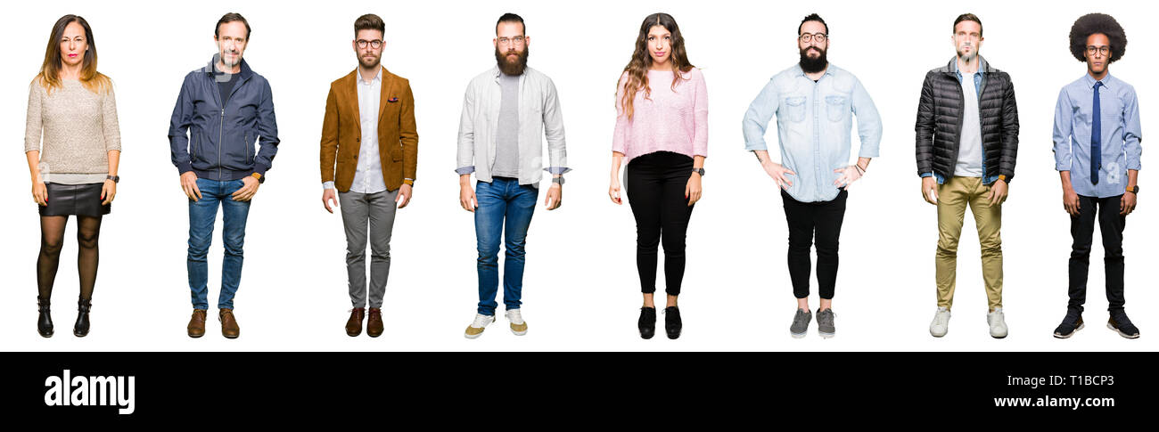 Collage of people over white isolated background Relaxed with serious ...