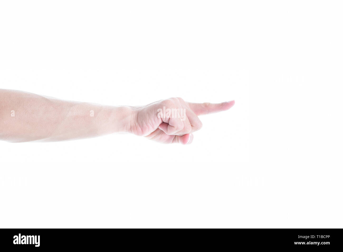 Right forearm pointing index finger to touch or press isolated on white ...
