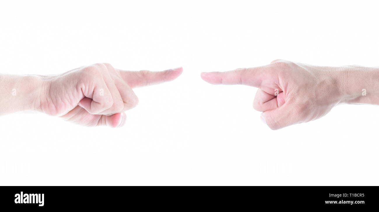 Right hand pointing index finger against to an opposite side isolated ...