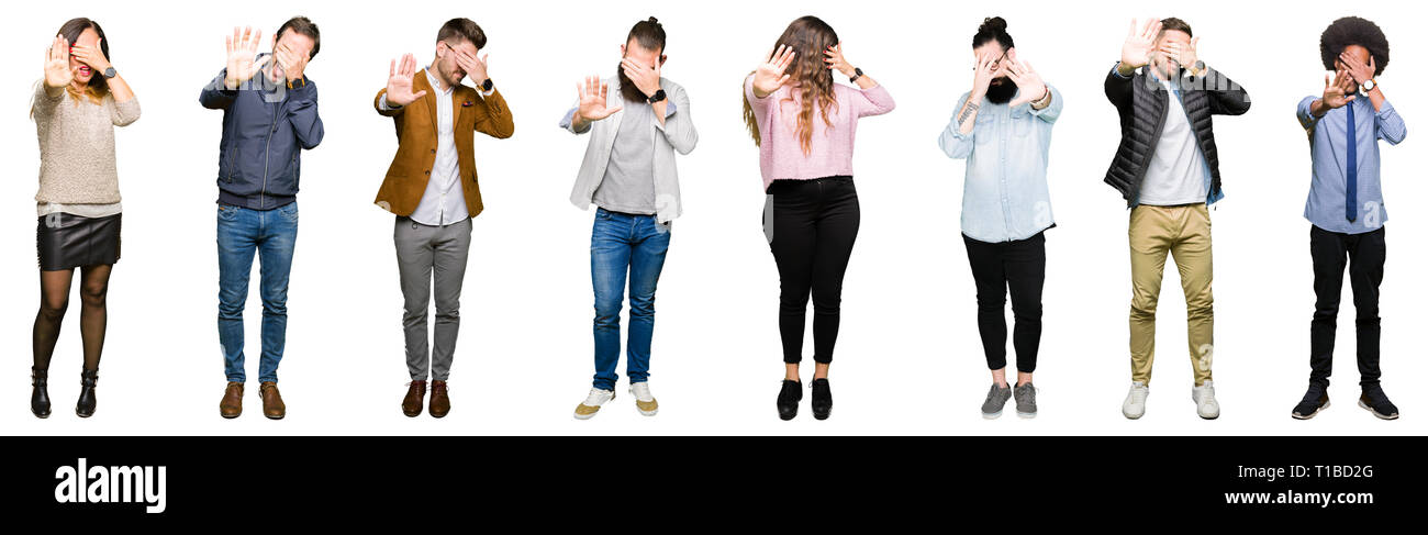 Collage of people over white isolated background covering eyes with ...