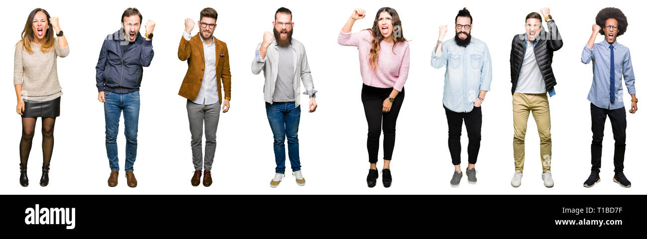 Collage of people over white isolated background angry and mad raising ...