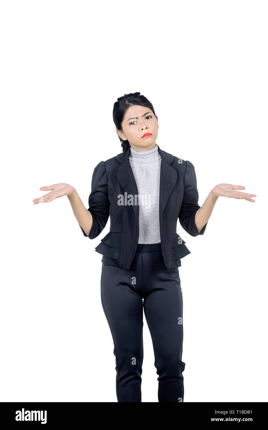 Beautiful asian business woman look confused posing isolated over white ...