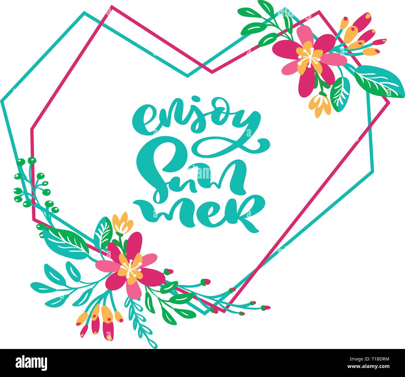 Text enjoy summer in floral geometric heart leaves frame. Hand drawn ...