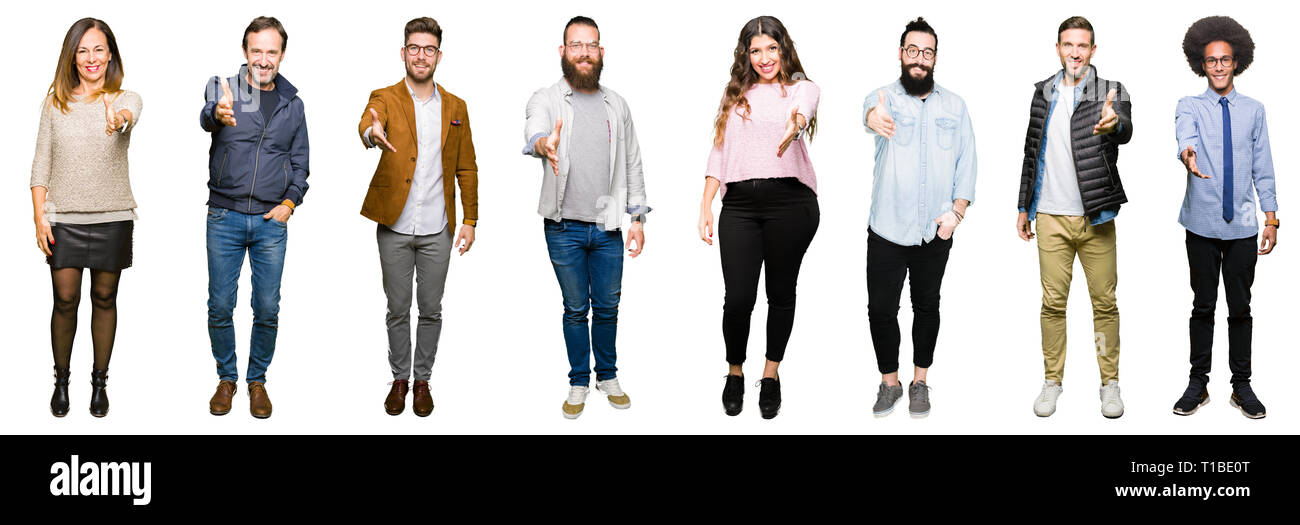 Collage of people over white isolated background smiling friendly ...