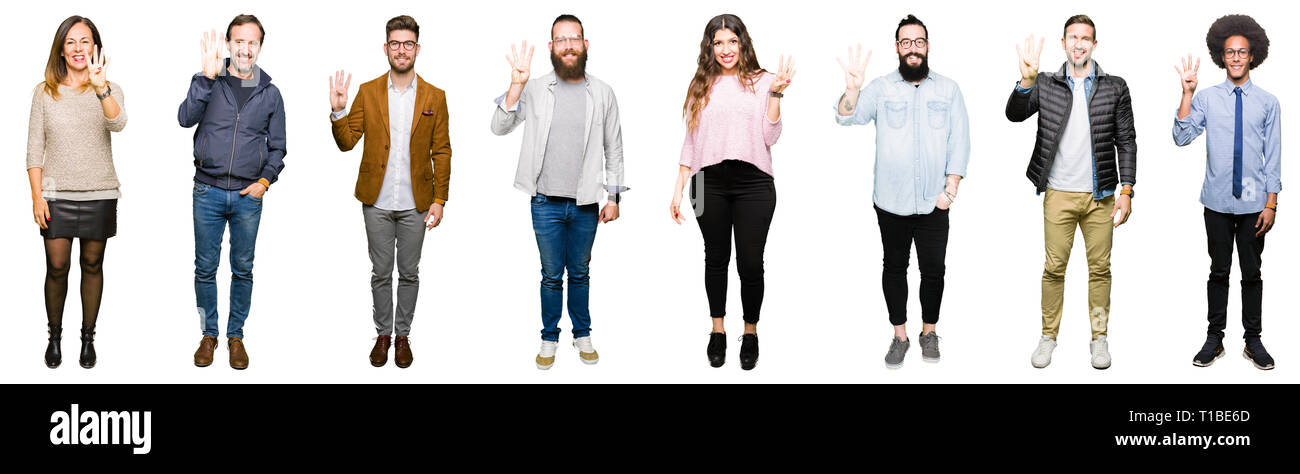 Collage of people over white isolated background showing and pointing ...