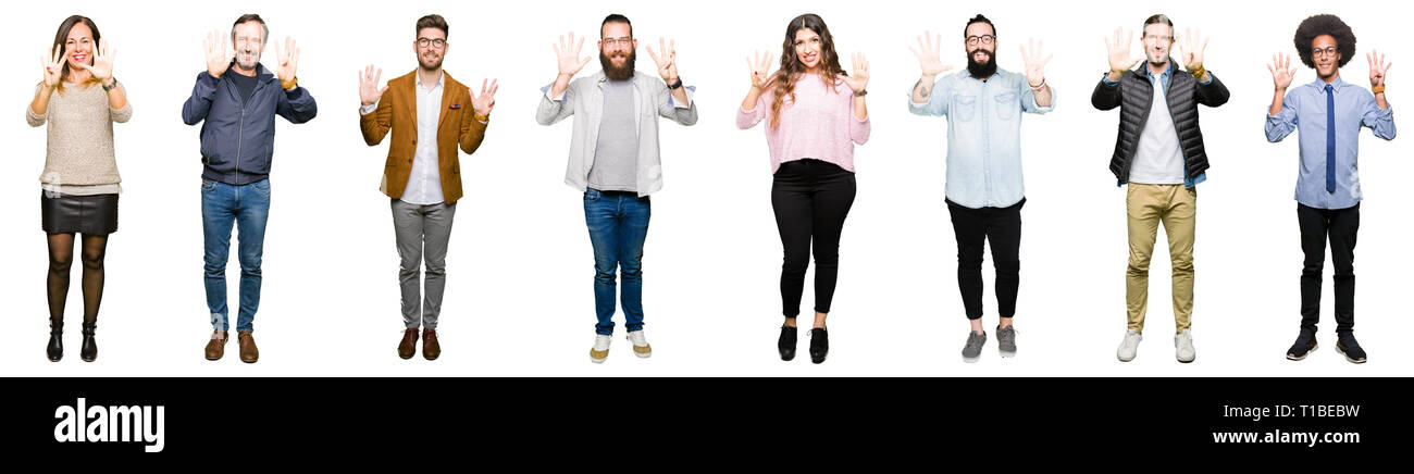 Collage of people over white isolated background showing and pointing ...