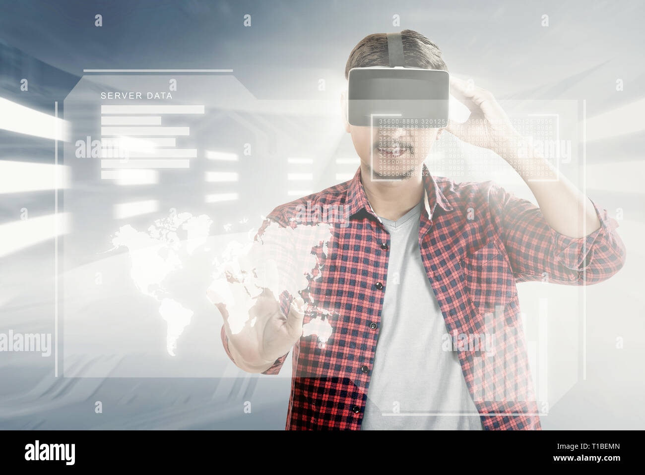 Asian man touching world map on digital interface with virtual reality ...