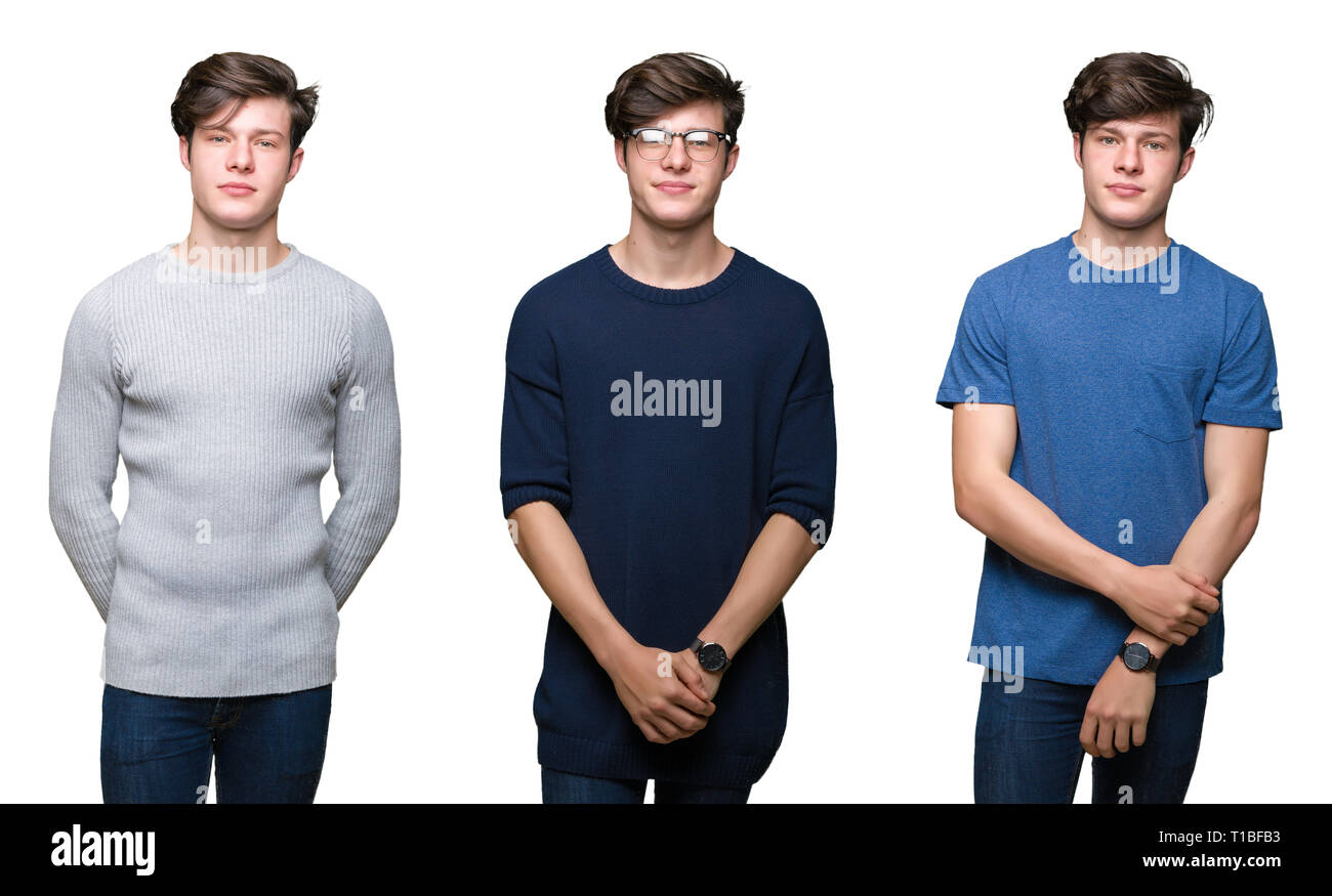 Collage of young man over white isolated background Relaxed with ...