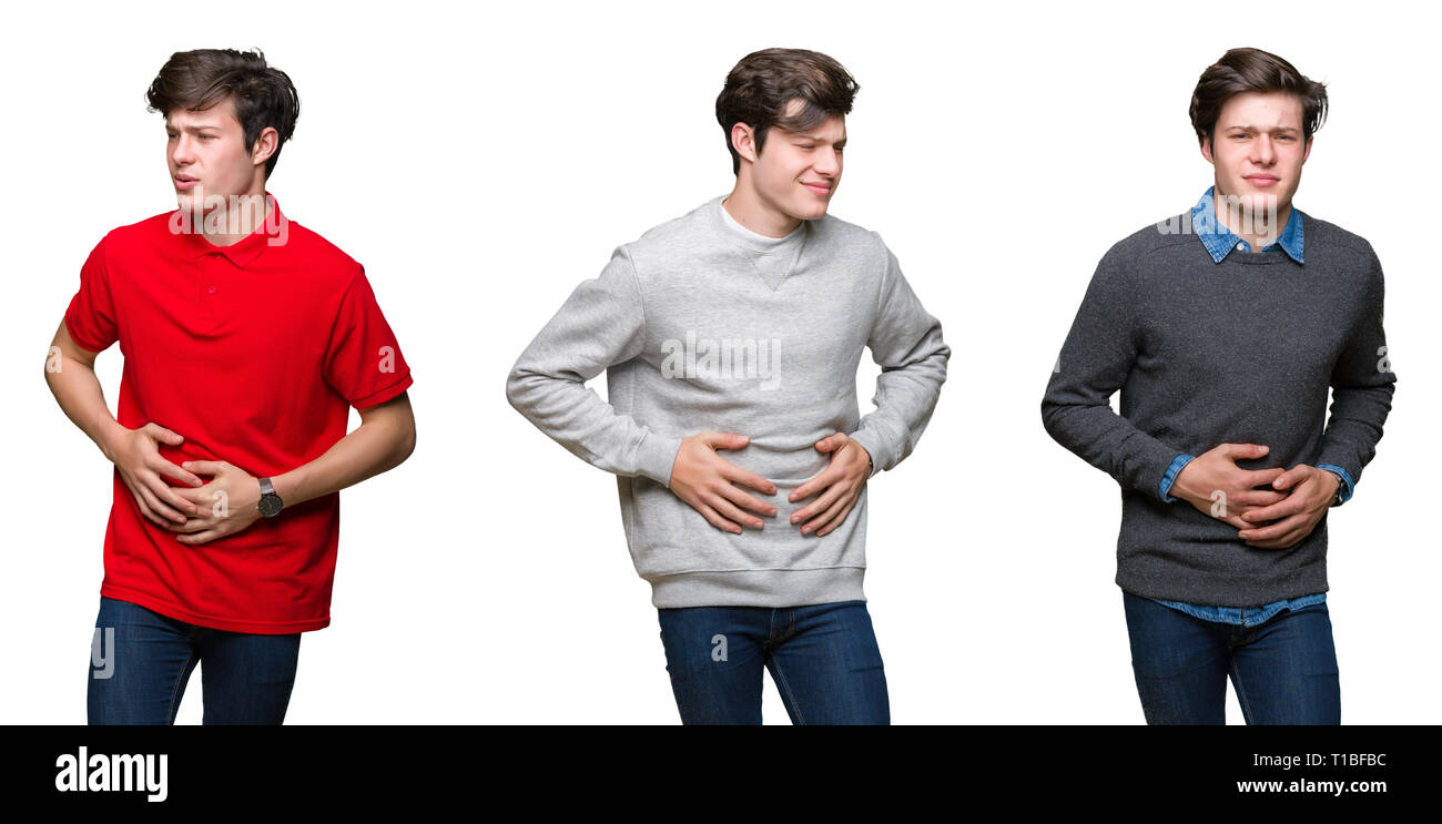 Collage of young man over white isolated background with hand on ...