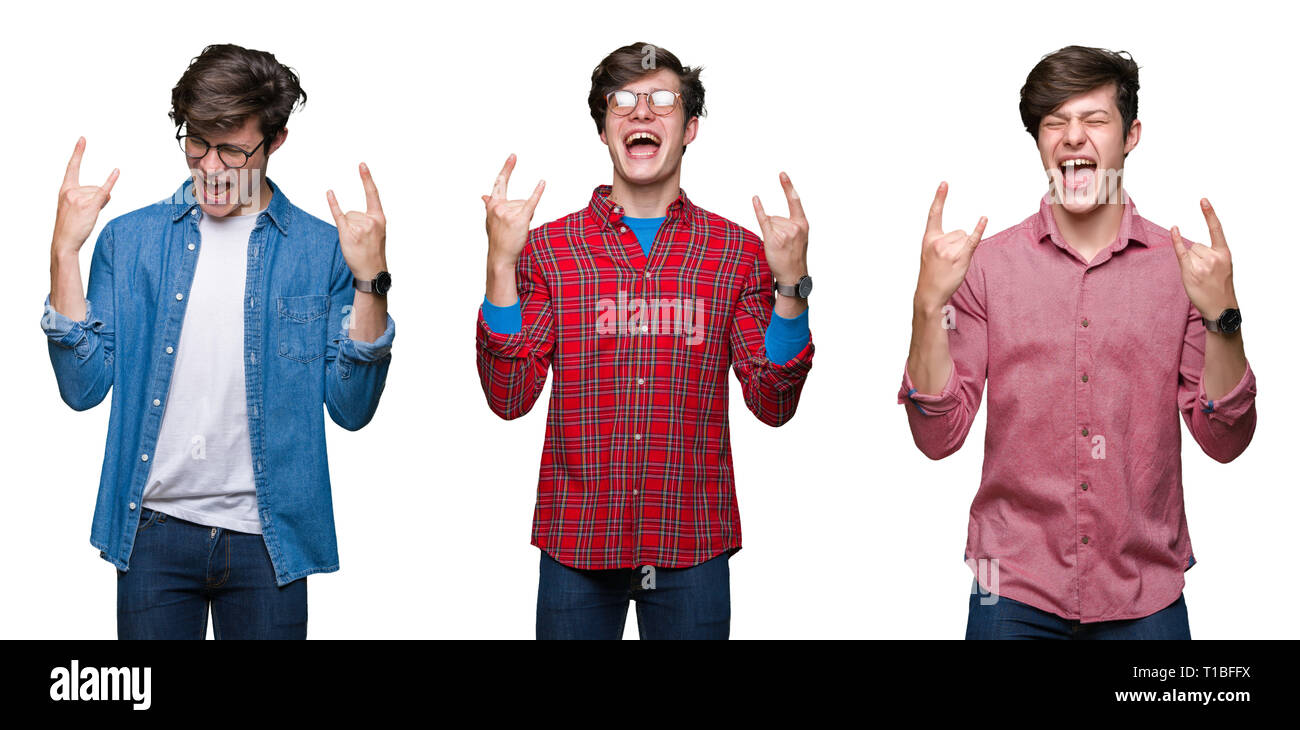 Collage of young man over white isolated background shouting with crazy ...
