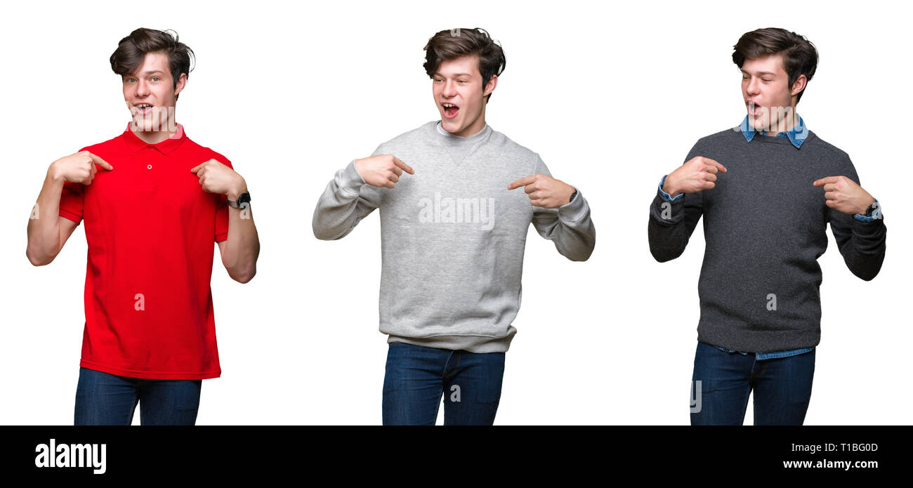 Collage of young man over white isolated background looking confident ...
