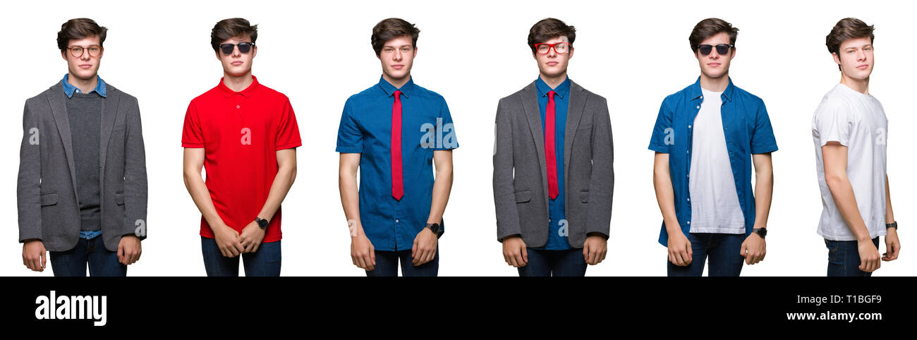 Collage of young man over white isolated background with serious ...