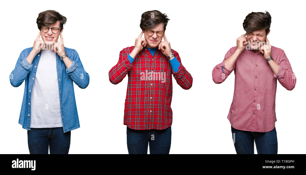 Collage of young man over white isolated background covering ears with ...