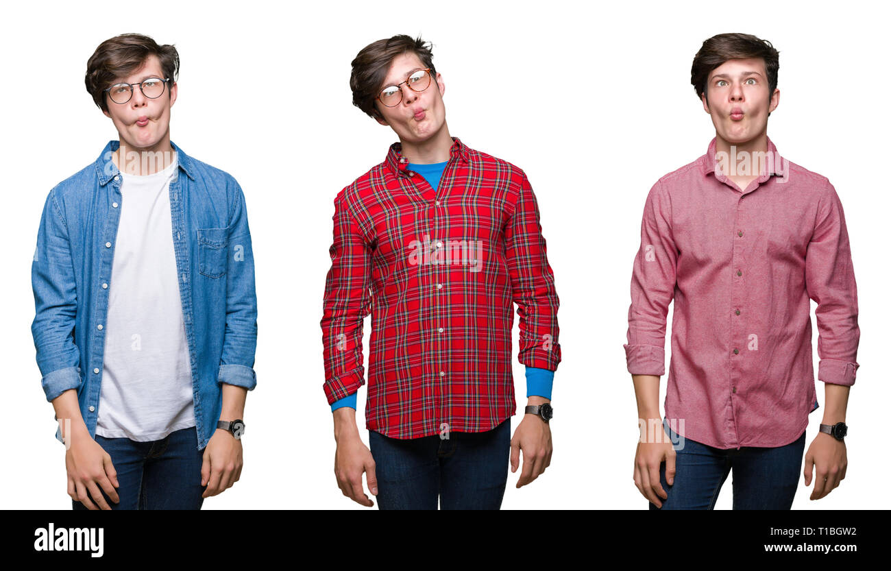 Collage of young man over white isolated background making fish face ...