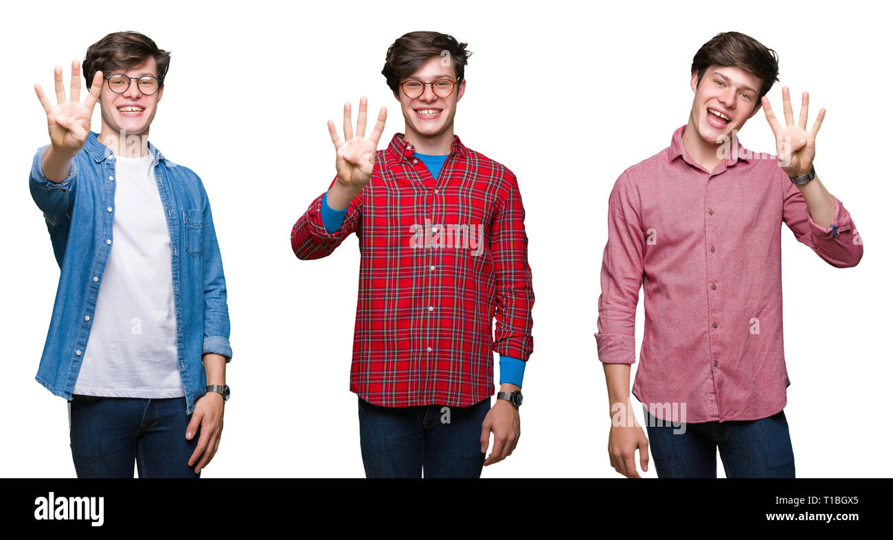 Collage of young man over white isolated background showing and ...