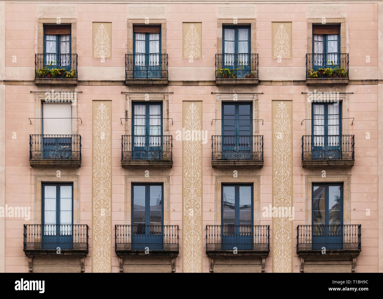 Many windows and balconies in a row on the facade of the urban historic ...