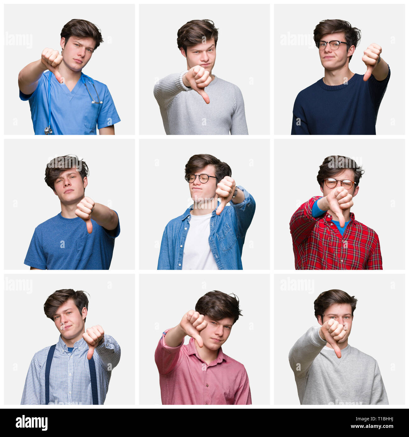 Collage of young man over white isolated background looking unhappy and ...