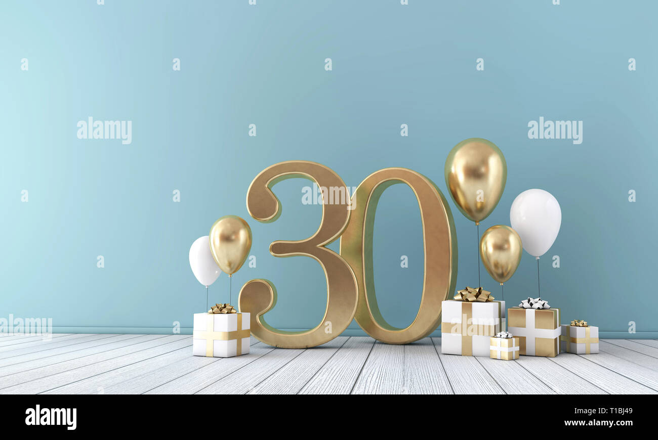 Number 30 party celebration room with gold and white balloons and gift ...