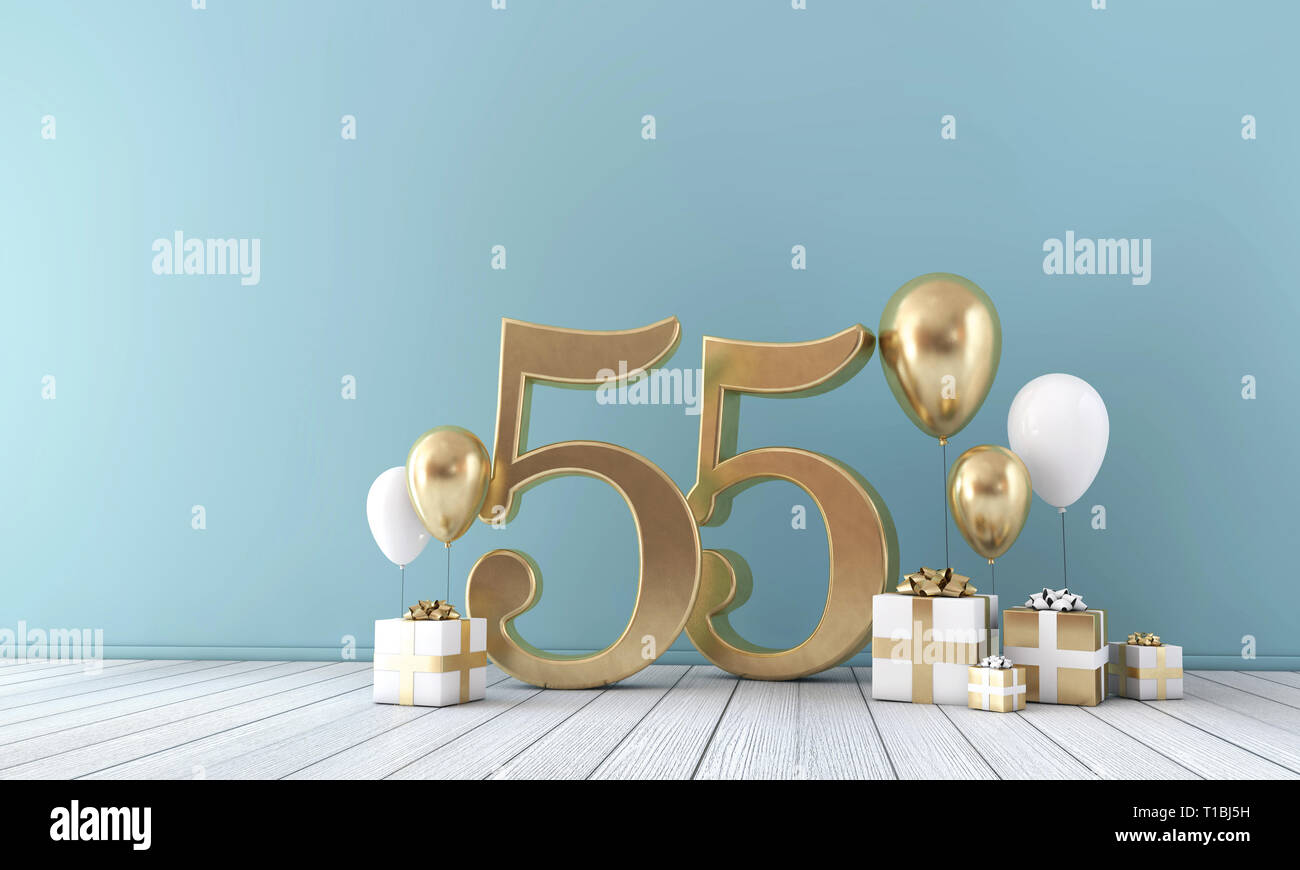 Number 55 party celebration room with gold and white balloons and gift ...