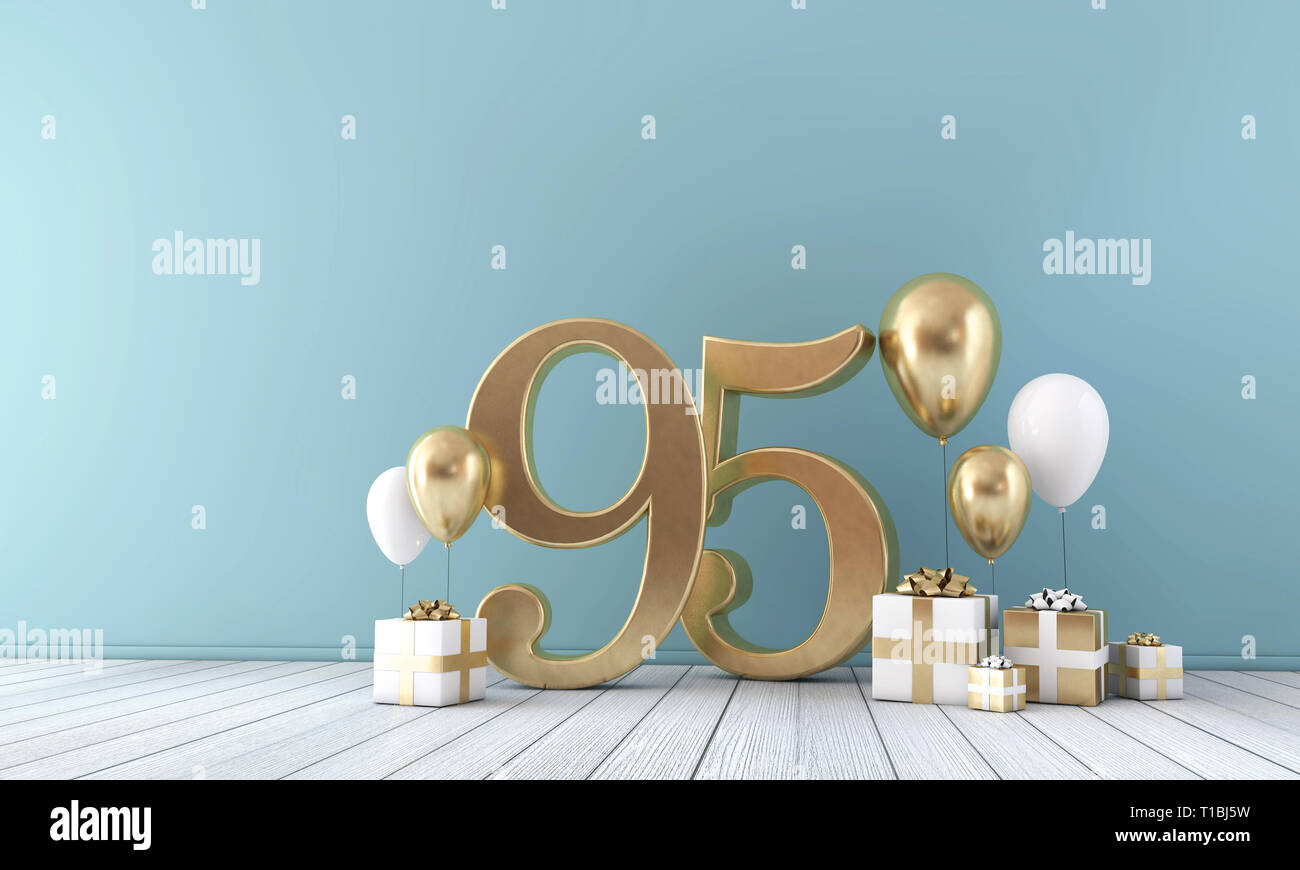 Number 95 party celebration room with gold and white balloons and gift ...