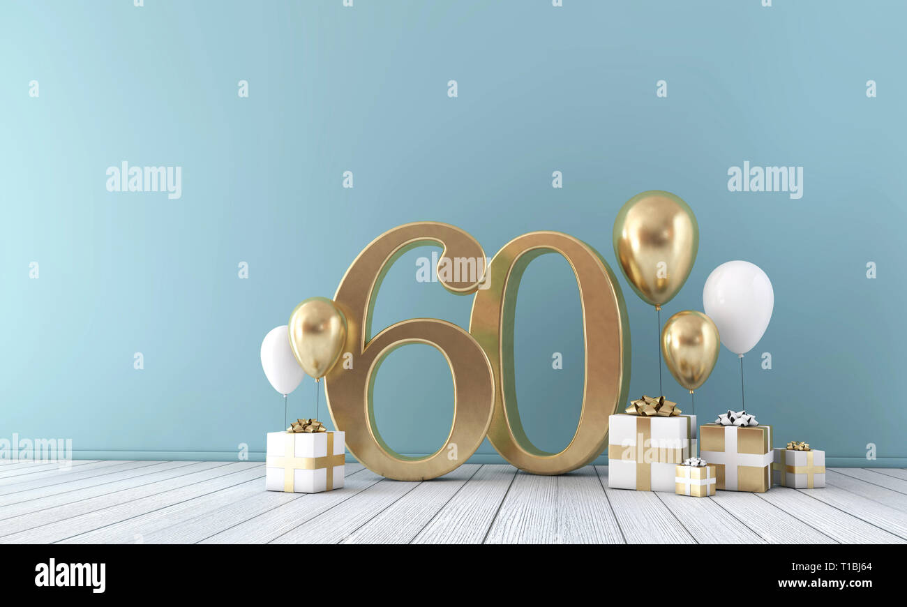 Number 60 party celebration room with gold and white balloons and gift ...