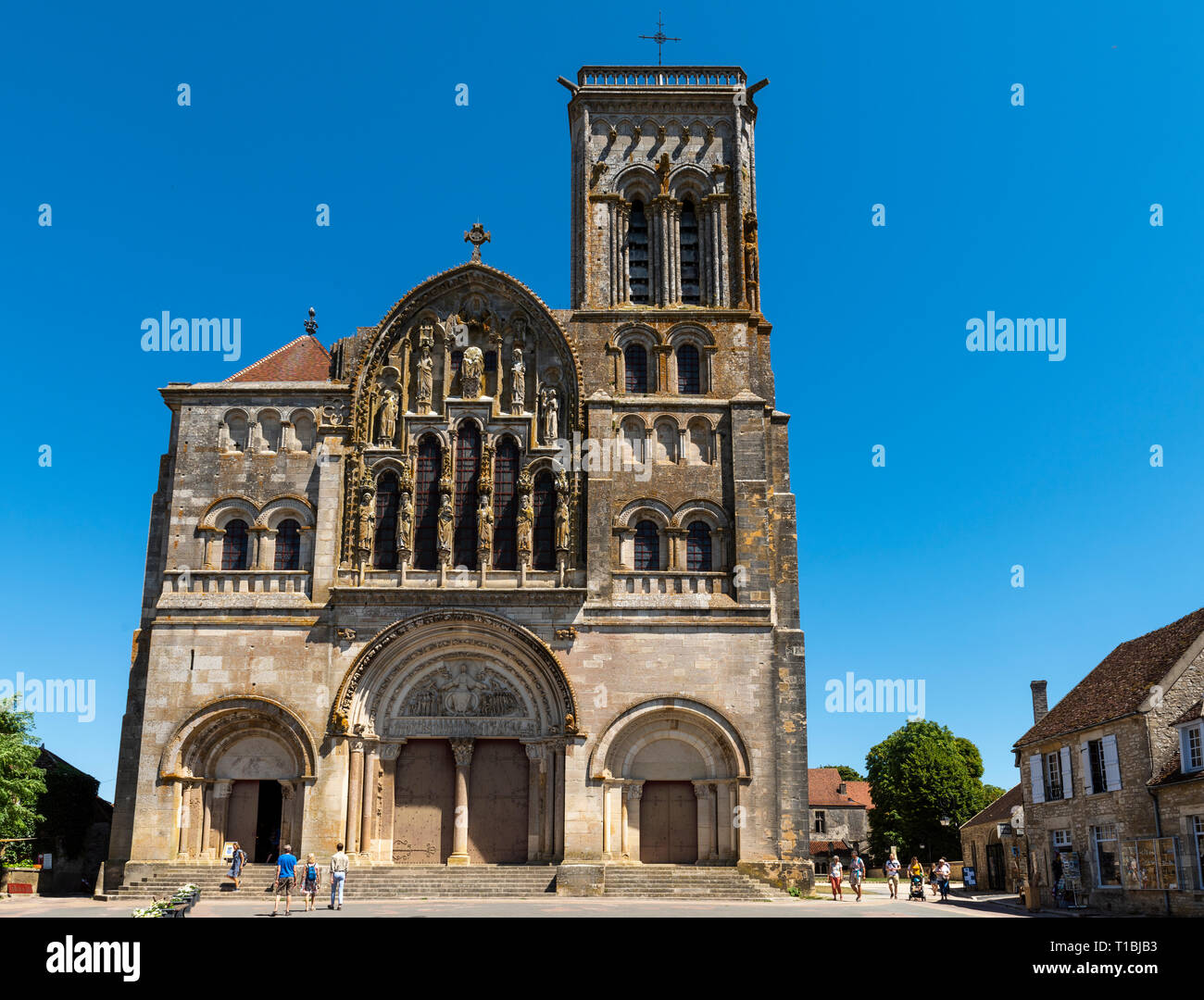 Vezelay, France - July 29, 2018: The front of the romanesque church and ...