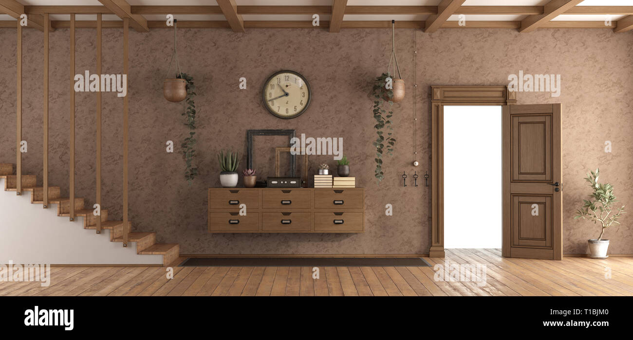 Retro home entrace with staircase,sideboard and open door - 3d ...