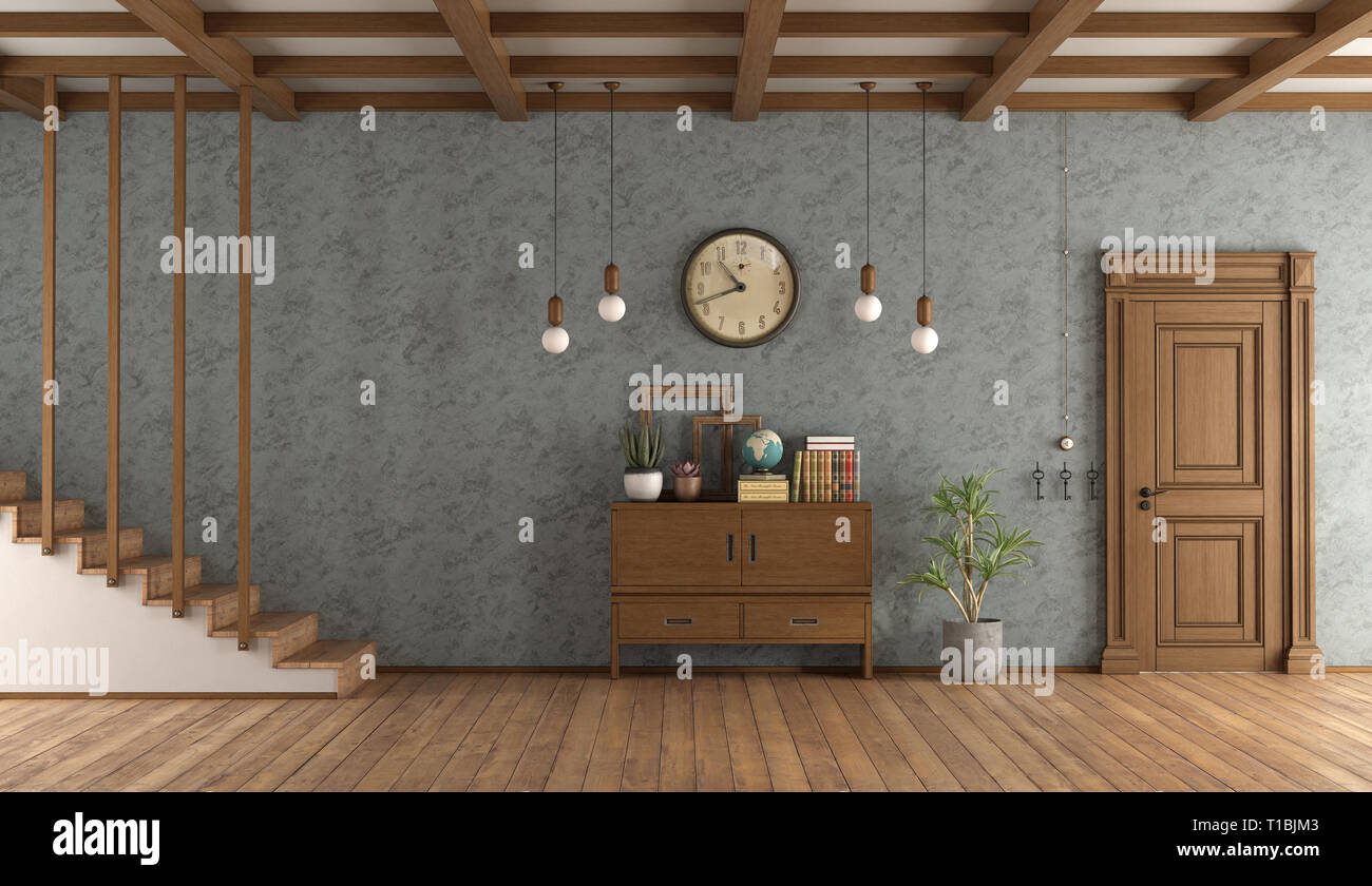 Retro home entrace with staircase,sideboard and closed door - 3d ...