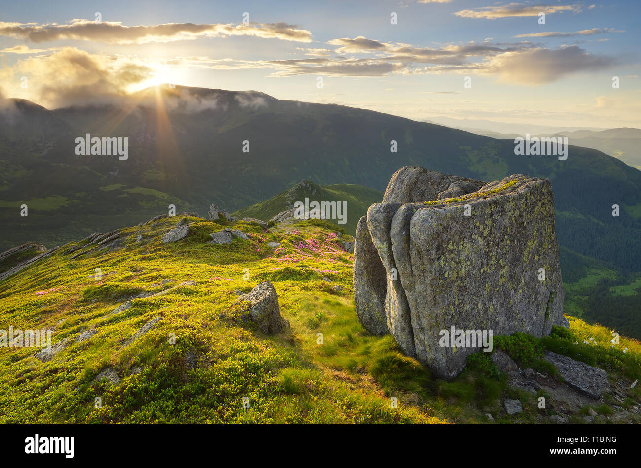 Summer landscape in the mountains with the sun hiding around the ridge ...