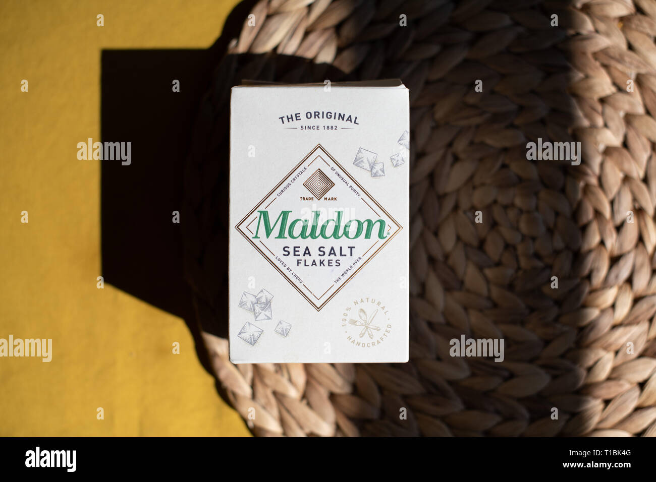 editorial - maldon sea salt flakes box on a table. 03/2019 Stock Photo ...
