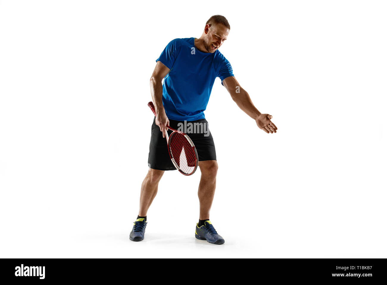 Shot going wide. Stressed tennis player arguing with umpire, referee ...