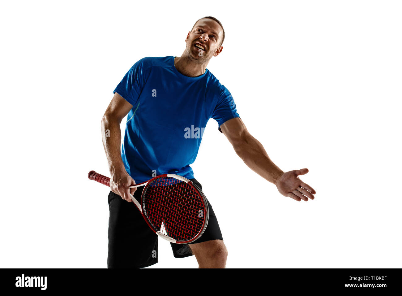 Shot going wide. Stressed tennis player arguing with umpire, referee ...