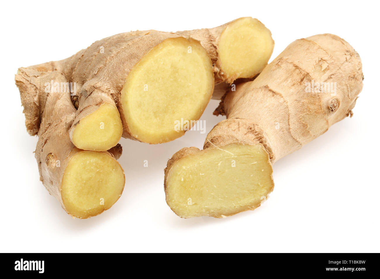 Ginger root with slices isolated on white background Stock Photo - Alamy