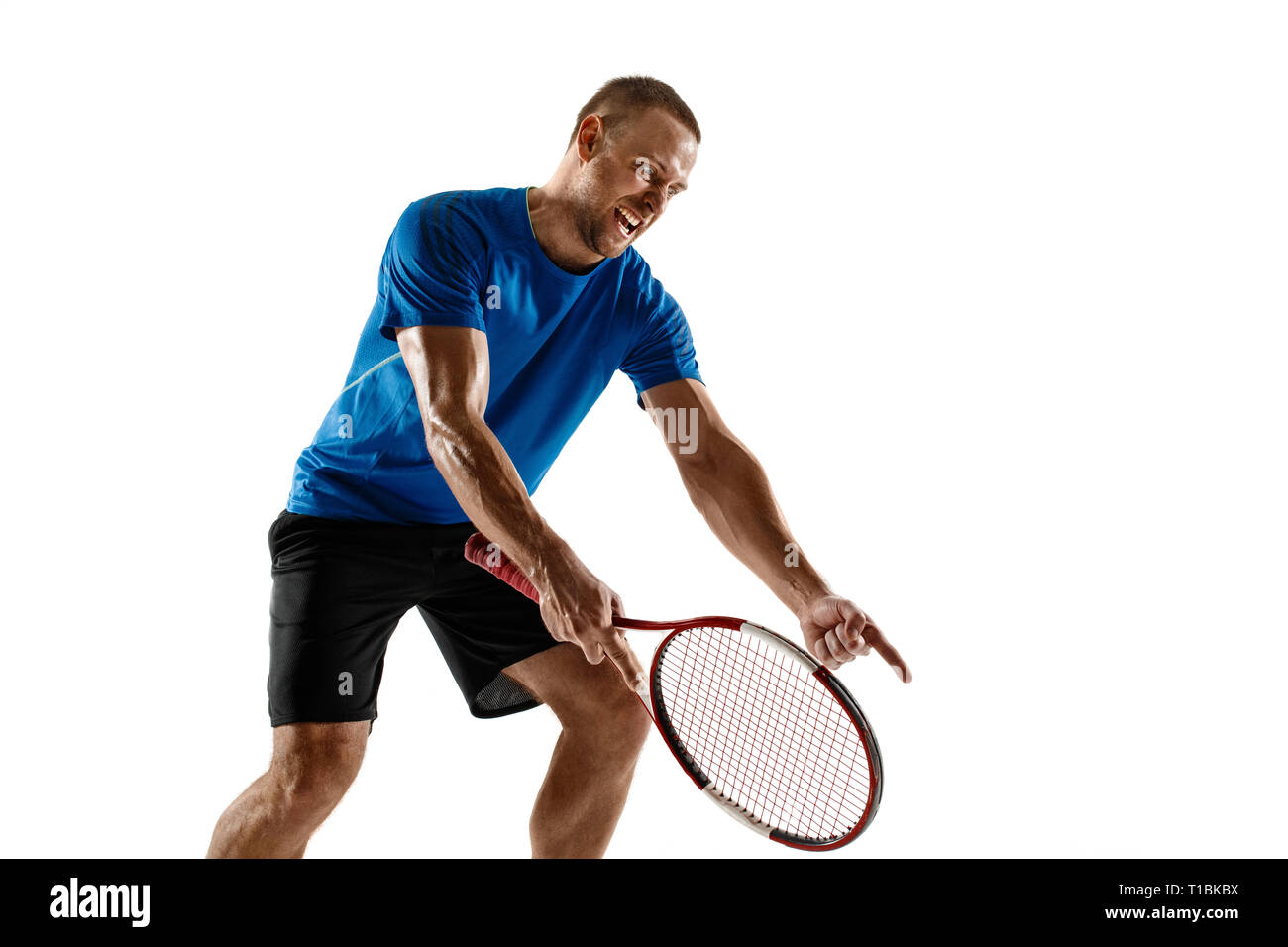 Shot going wide. Stressed tennis player arguing with umpire, referee ...