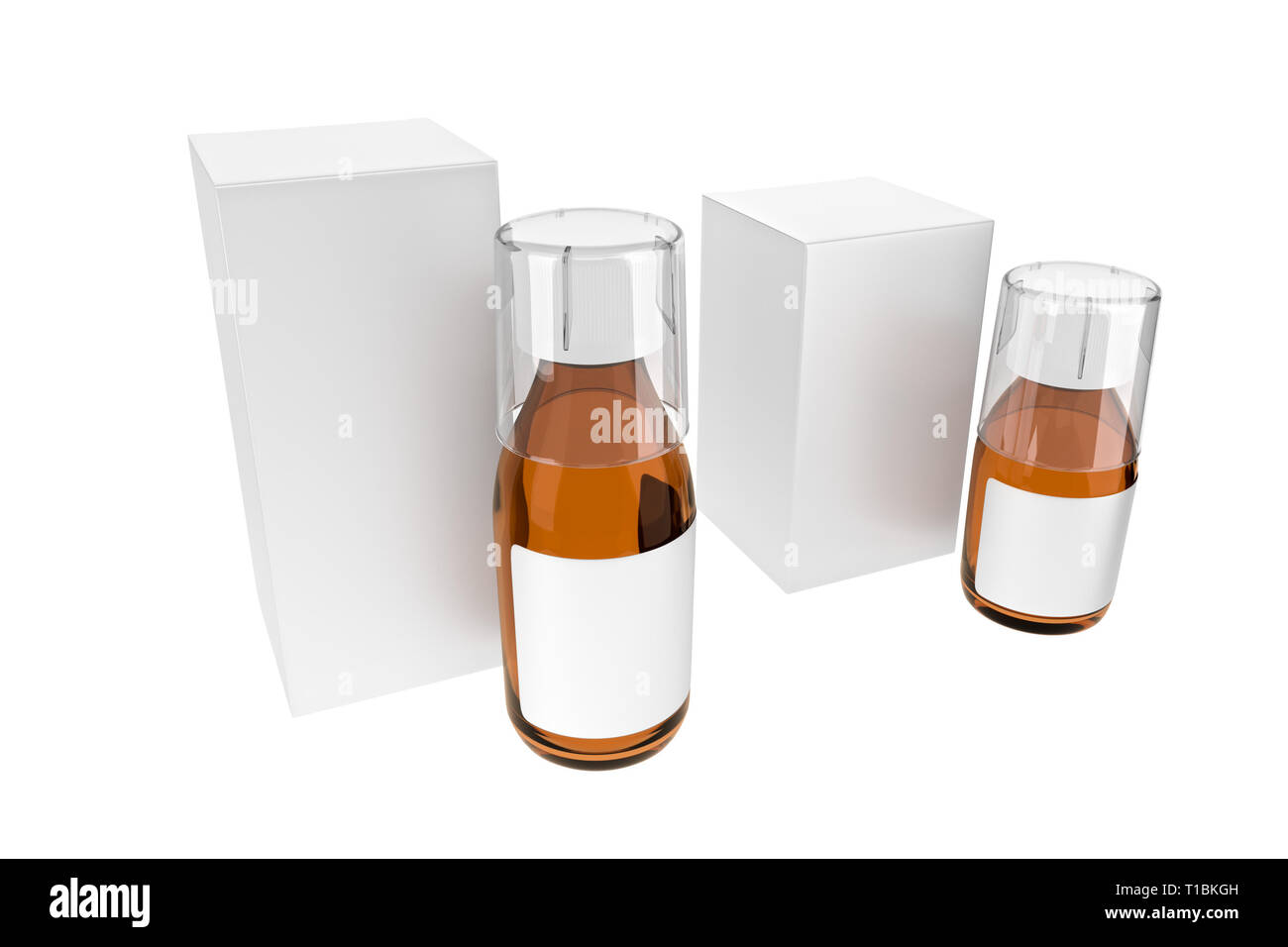 Bottles and measuring plastic cup with medical syrup on white ...