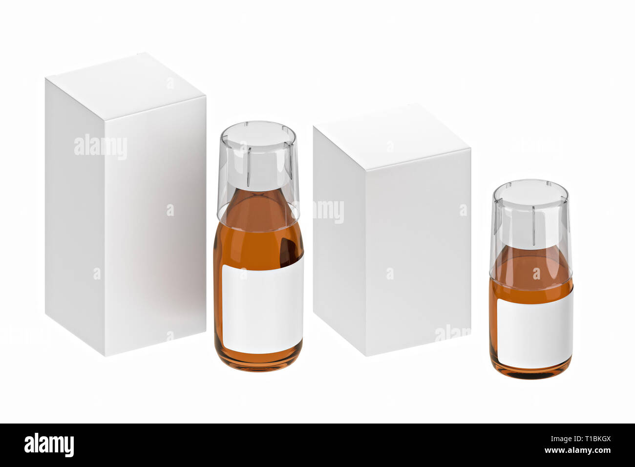 Bottles and measuring plastic cup with medical syrup on white ...