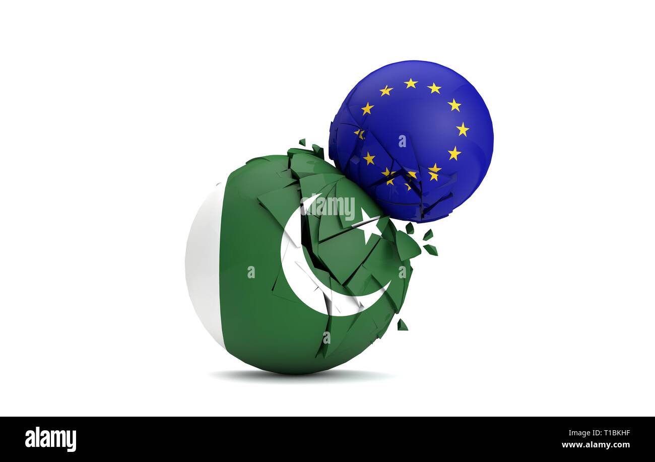 Pakistan and European Union political balls smash together. 3D Render ...